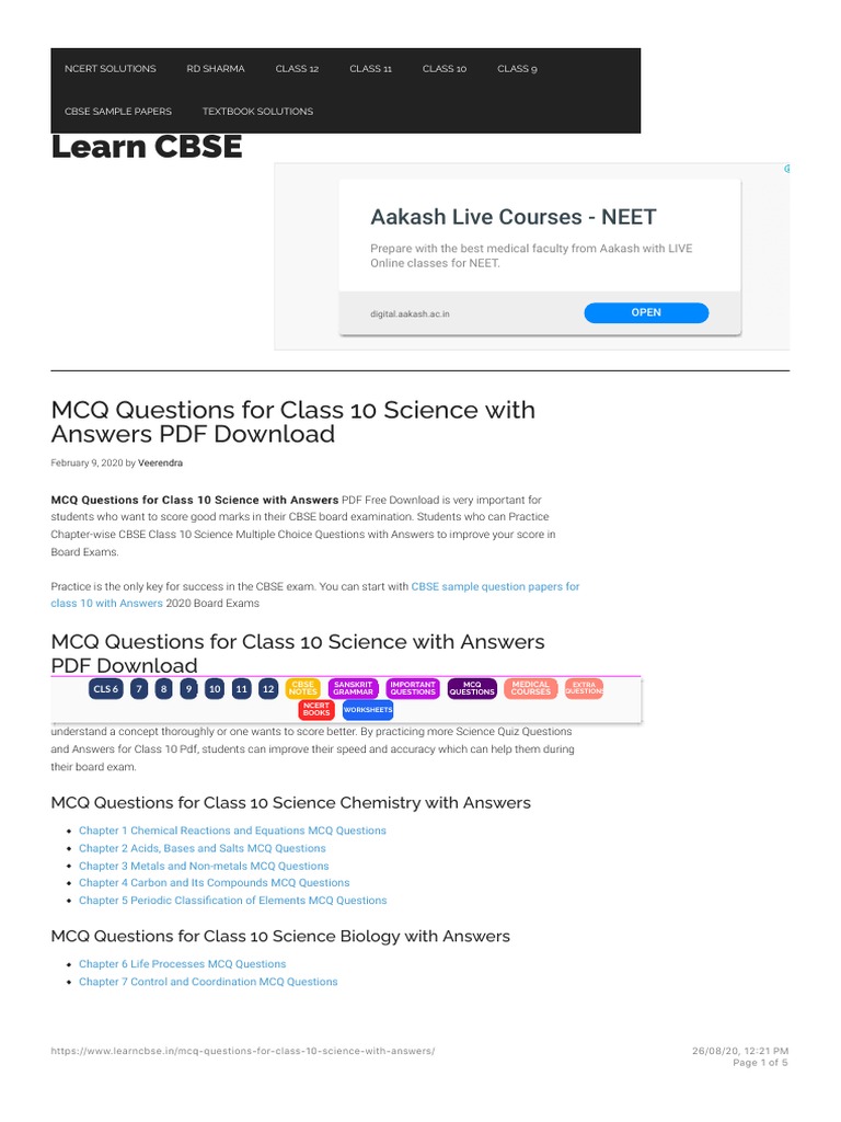 Class 10 Science MCQs with Answers PDF | PDF | Multiple Choice | Test ...