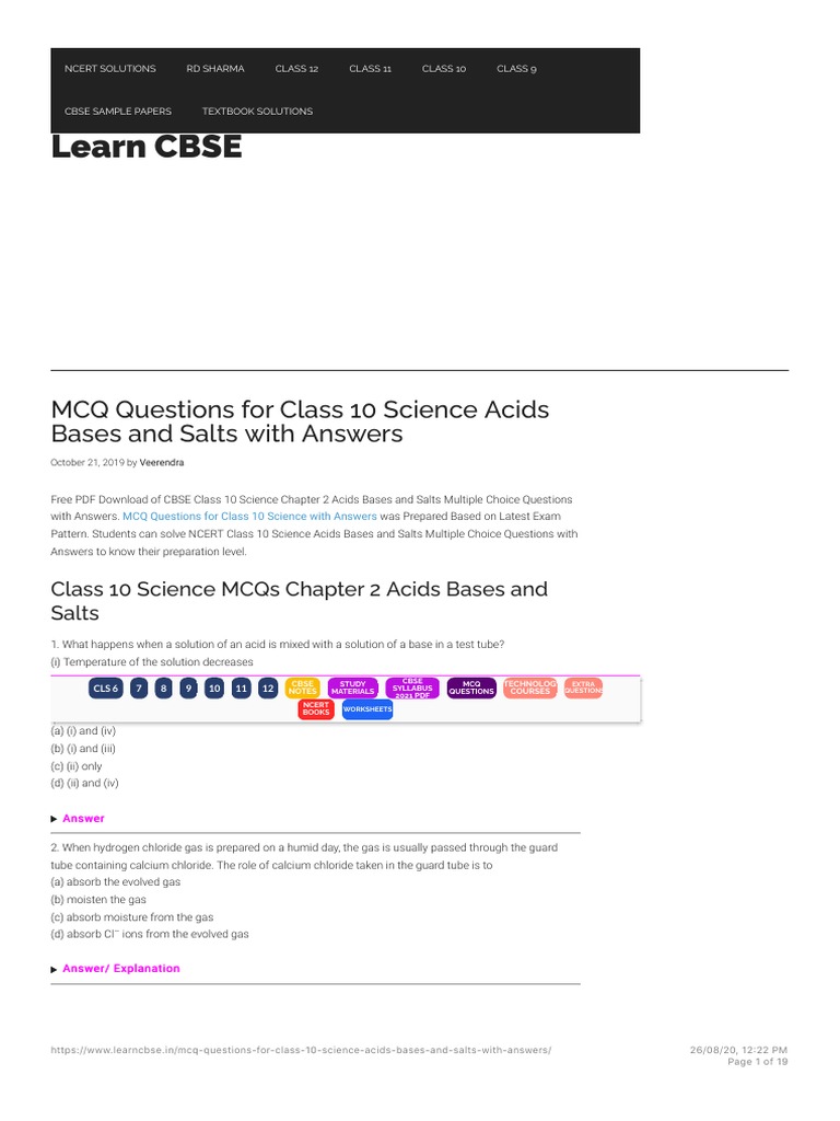 MCQ Questions For Class 10 Science Acids Bases and Salts With Answers ...