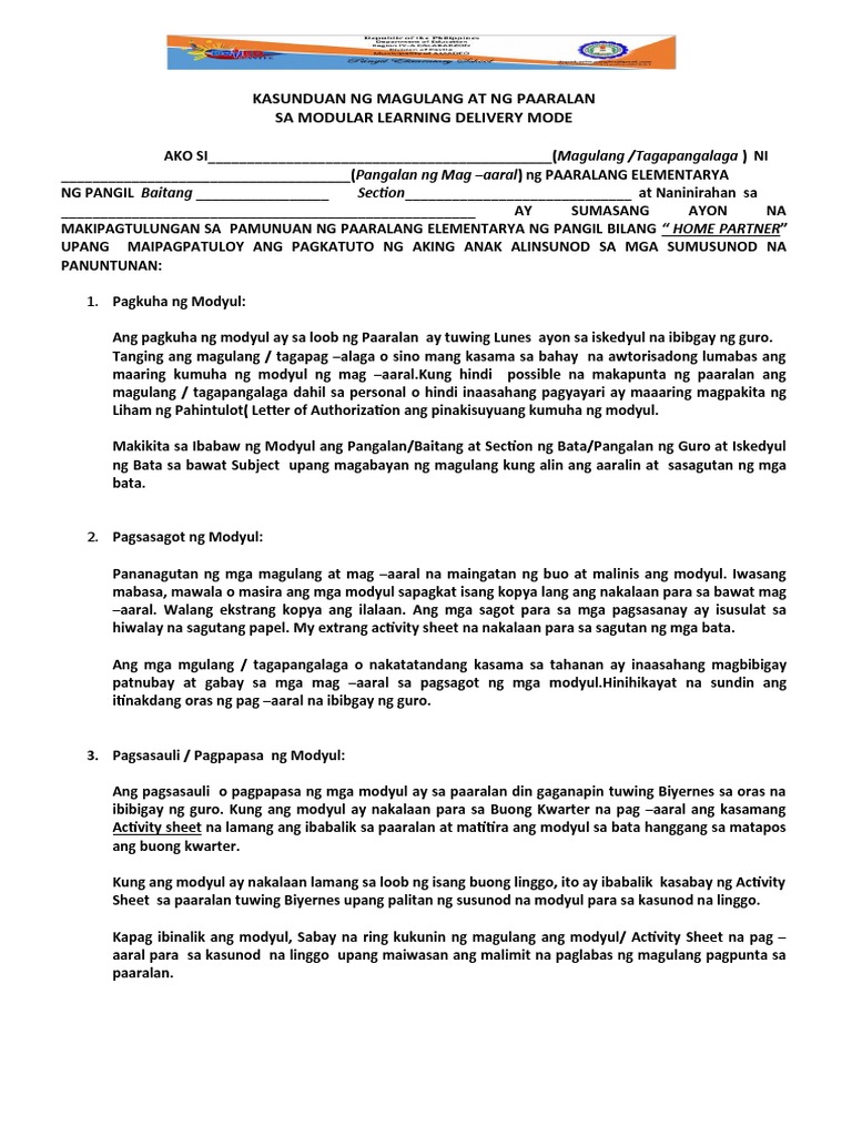 KASUNDUAN NG MAGULANG AT NG PAARALAN para Sa Modyular Learning | PDF