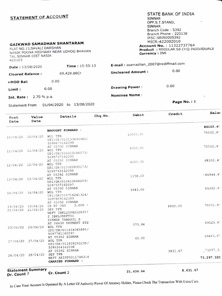 Statement of Account: State Bank of India | PDF | Debits And Credits ...