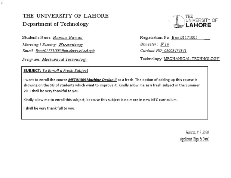 The University of Lahore Department of Technology | PDF