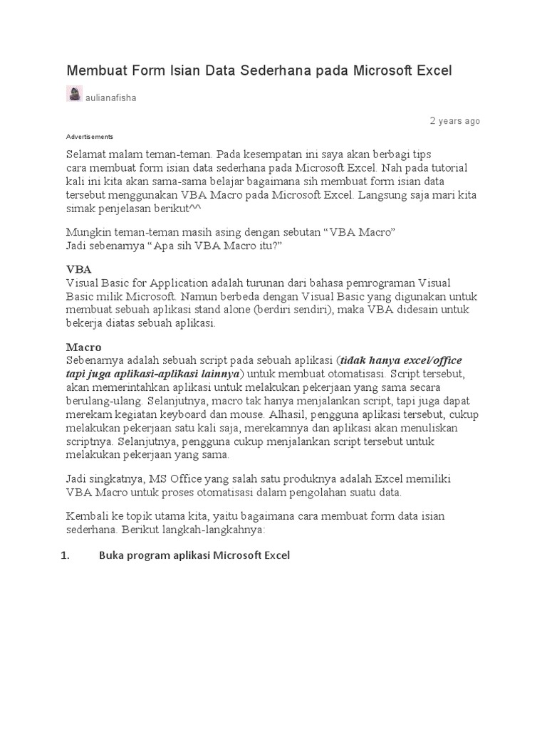 Membuat Form Isian Data Sederhana DG Excel | PDF | Komputer | Seni