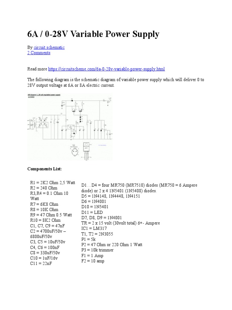 6A / 0-28V Variable Power Supply: Circuit Schematic 2 Comments | PDF ...