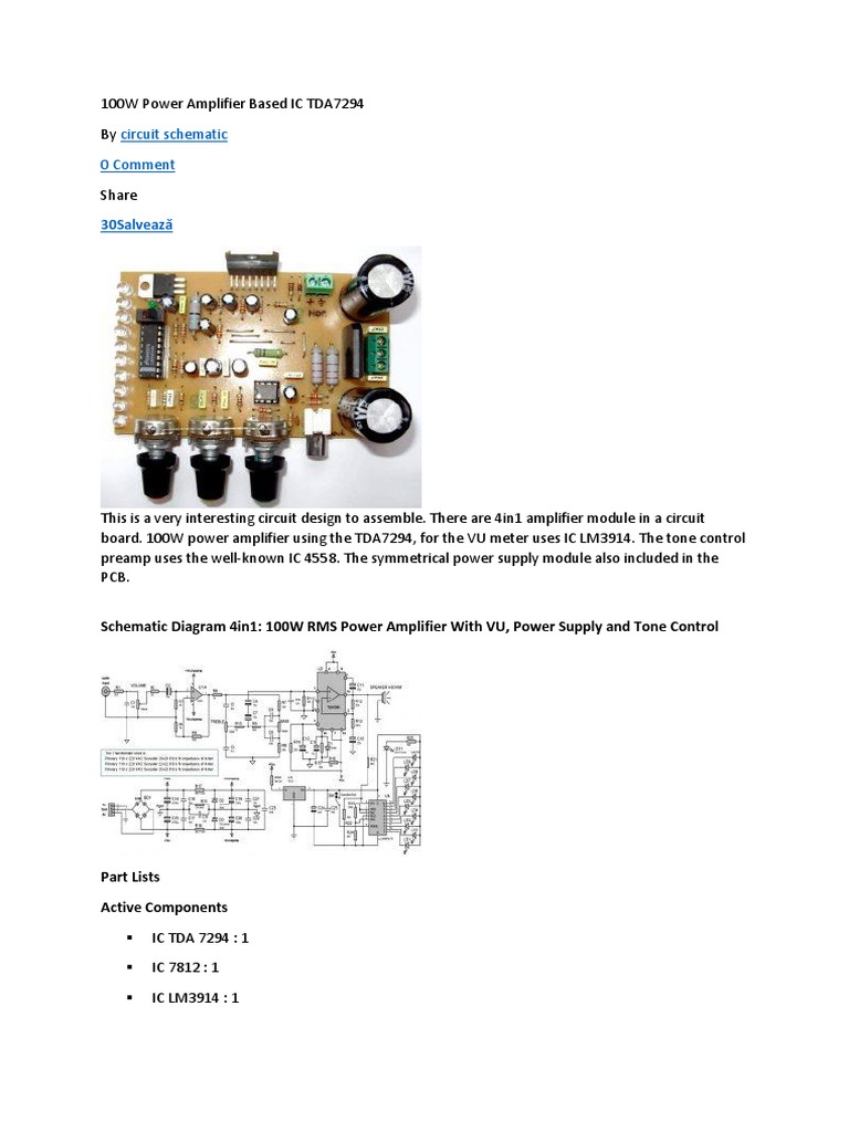100W Power Amplifier Based IC TDA7294 | PDF