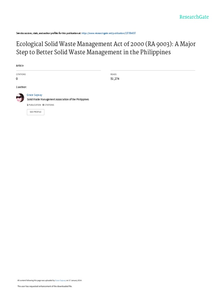 Ecological Solid Waste Management Act of 2000 (RA 9003) : A Major Step ...