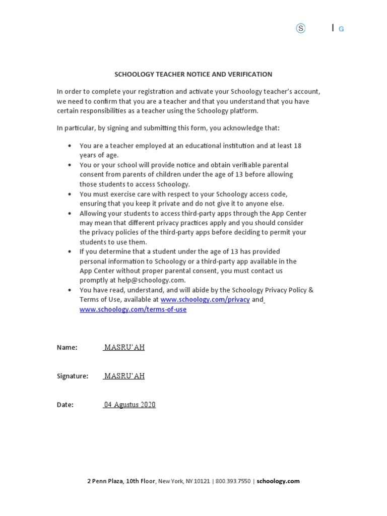 Schoology Verification Consent Form | PDF