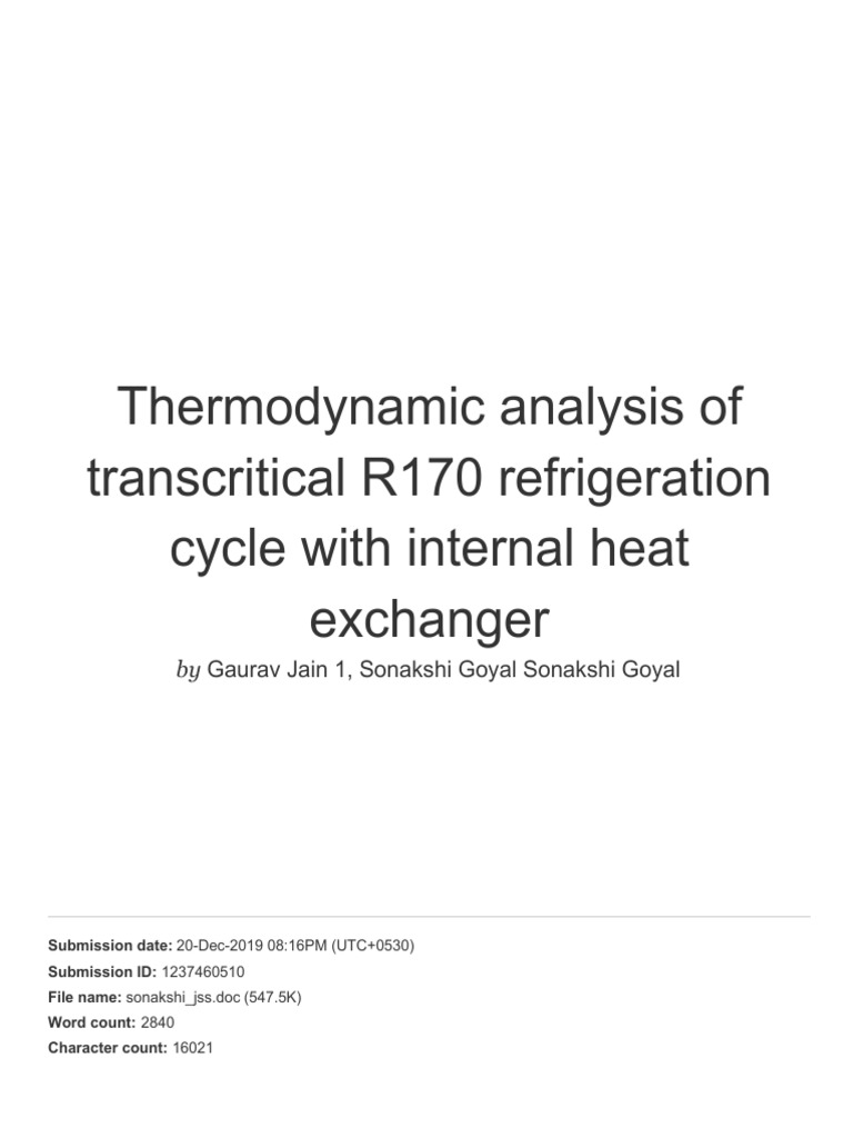 Thermodynamic Analysis of Transcritical R170 Refrigeration Cycle With ...