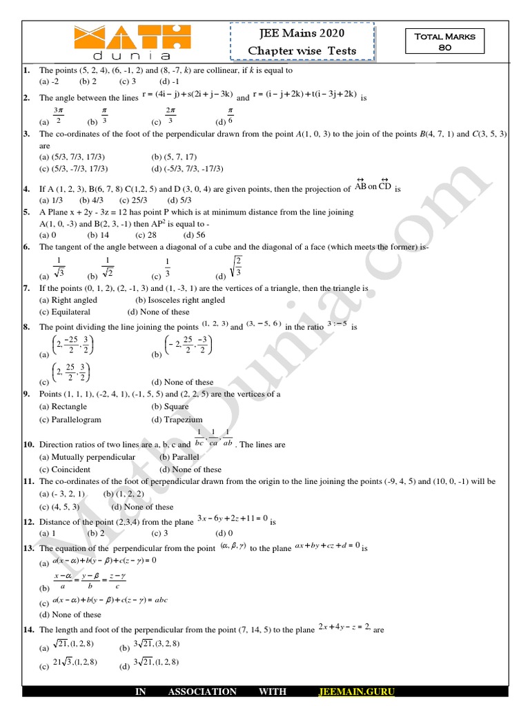 JEE Mains 3D Geometry Practice Questions | PDF | Triangle | Euclidean ...