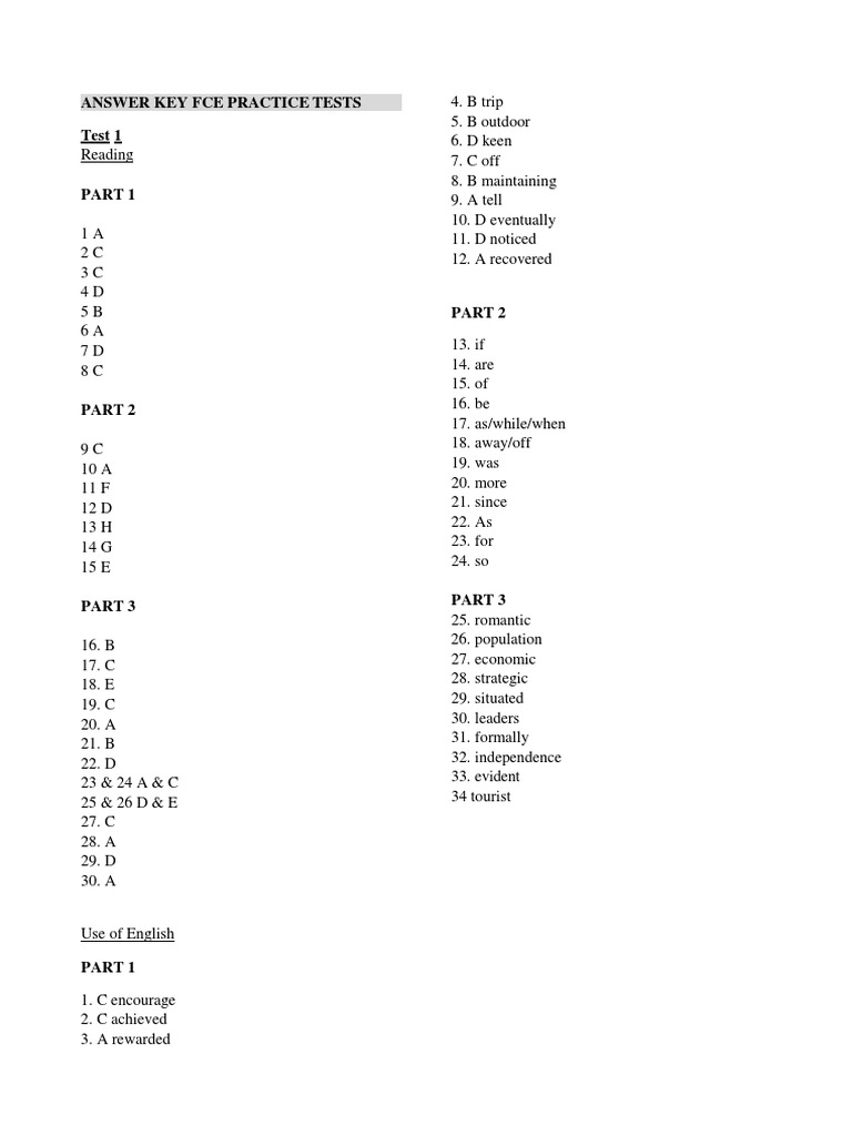 Answer Key Fce Practice Tests Test 1 Reading Part 1 1 A | PDF