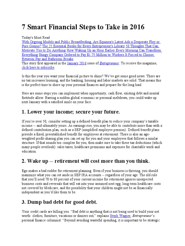 7 Smart Financial Steps To Take in 2016 | PDF | Franchising ...