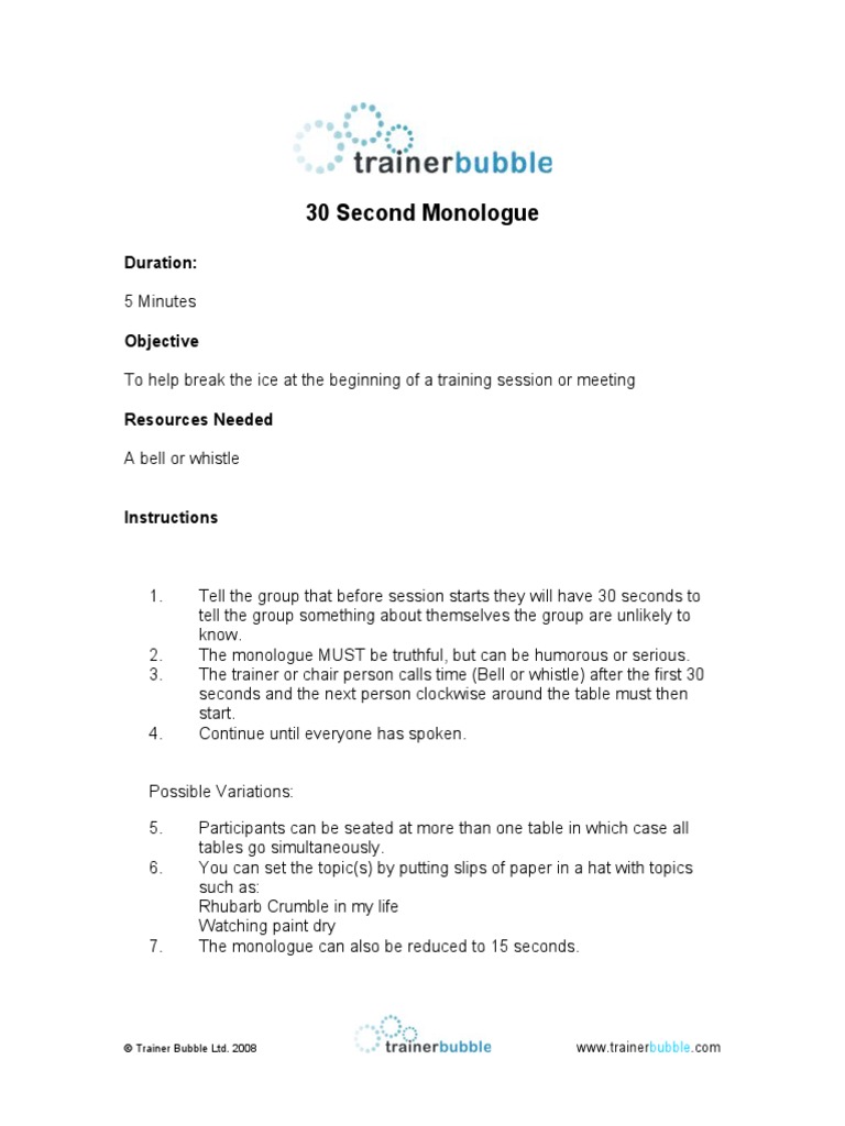 30 Second Monologue Icebreaker | PDF