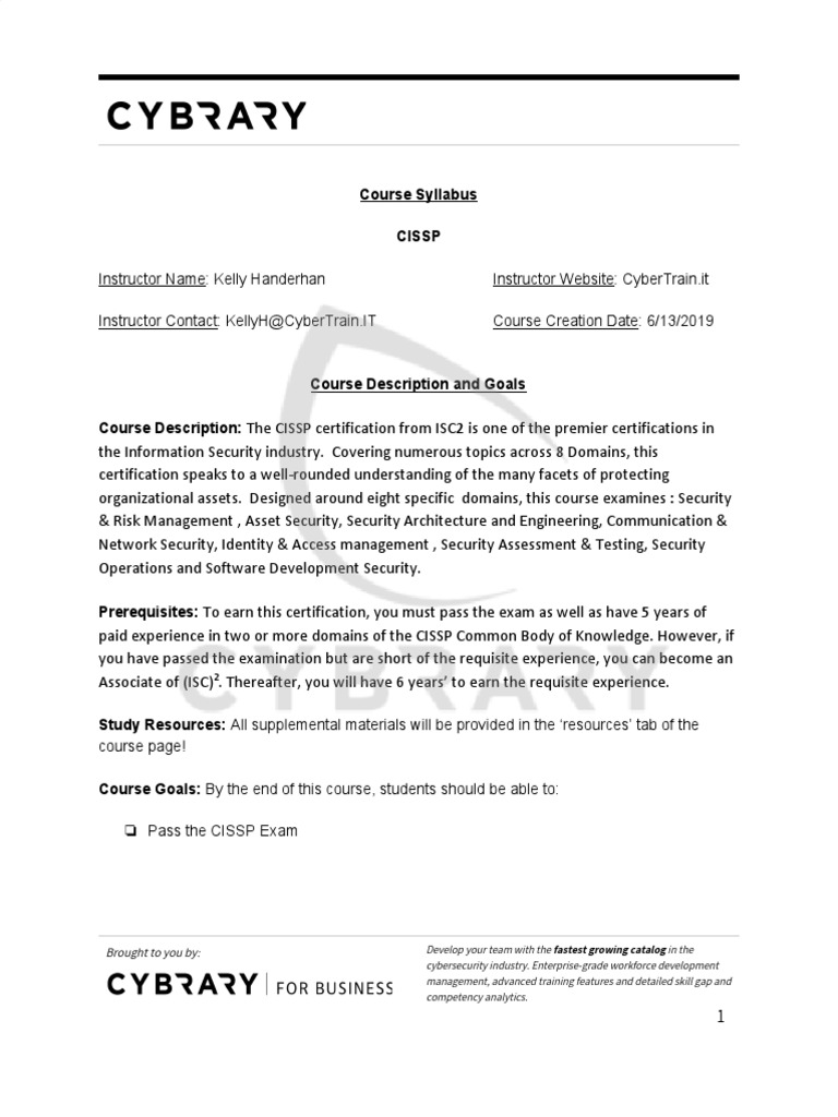CISSP Course Syllabus by Kelly Handerhan | PDF | Osi Model | Computer ...