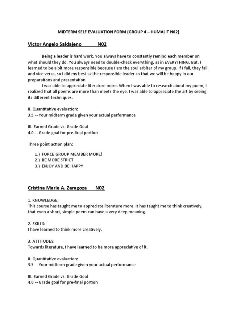 Midterm Self Evaluation Form | PDF | Creativity | Attitude (Psychology)