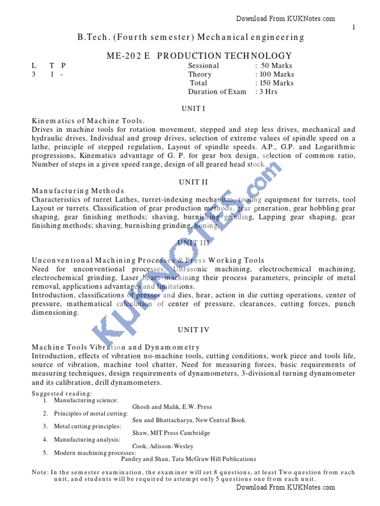 B.Tech. (Fourth Semester) Mechanical Engineering Me-202 E Production ...