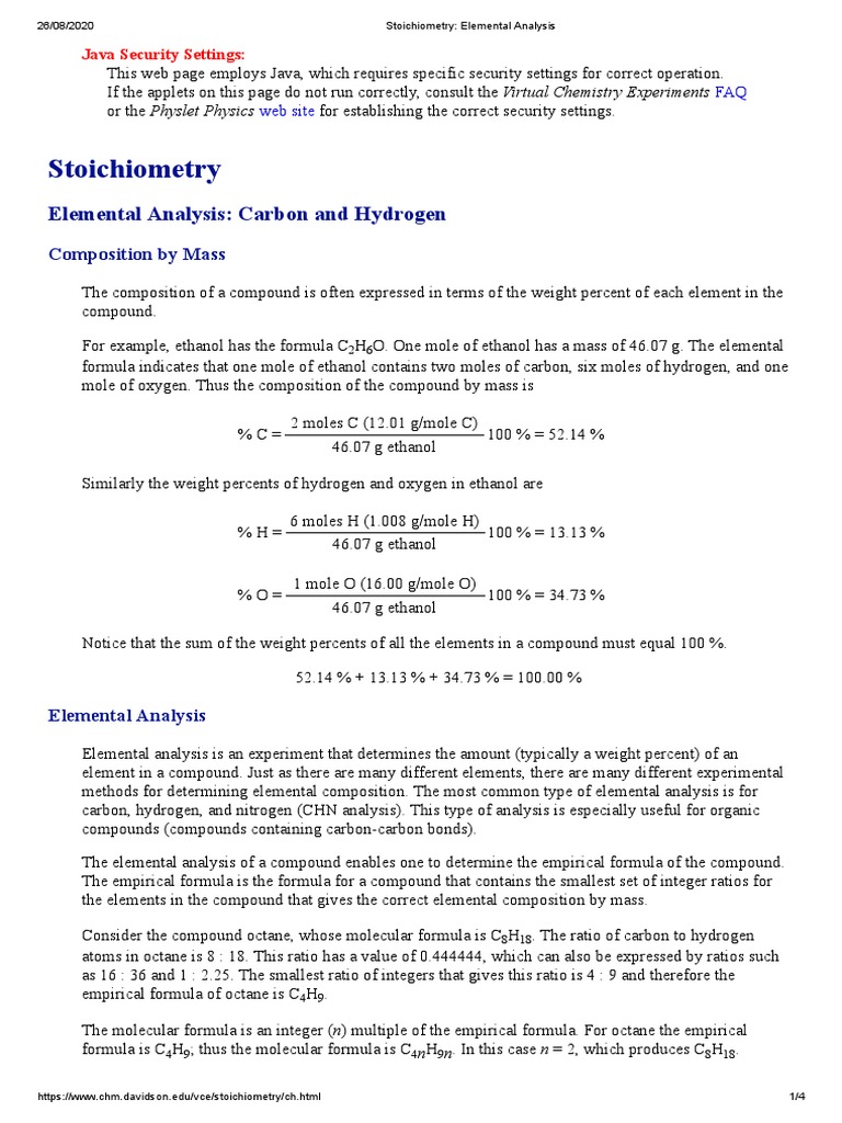 Stoichiometry - Elemental Analysis | PDF | Mole (Unit) | Molecules