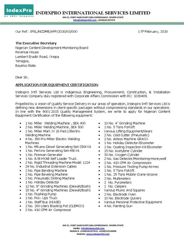 Application For NCD Equipment Certification | PDF | Machines | Equipment