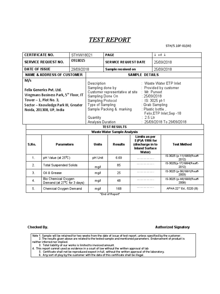 Test Report: M/s Felix Generics Pvt. LTD | PDF | Pollution | Materials