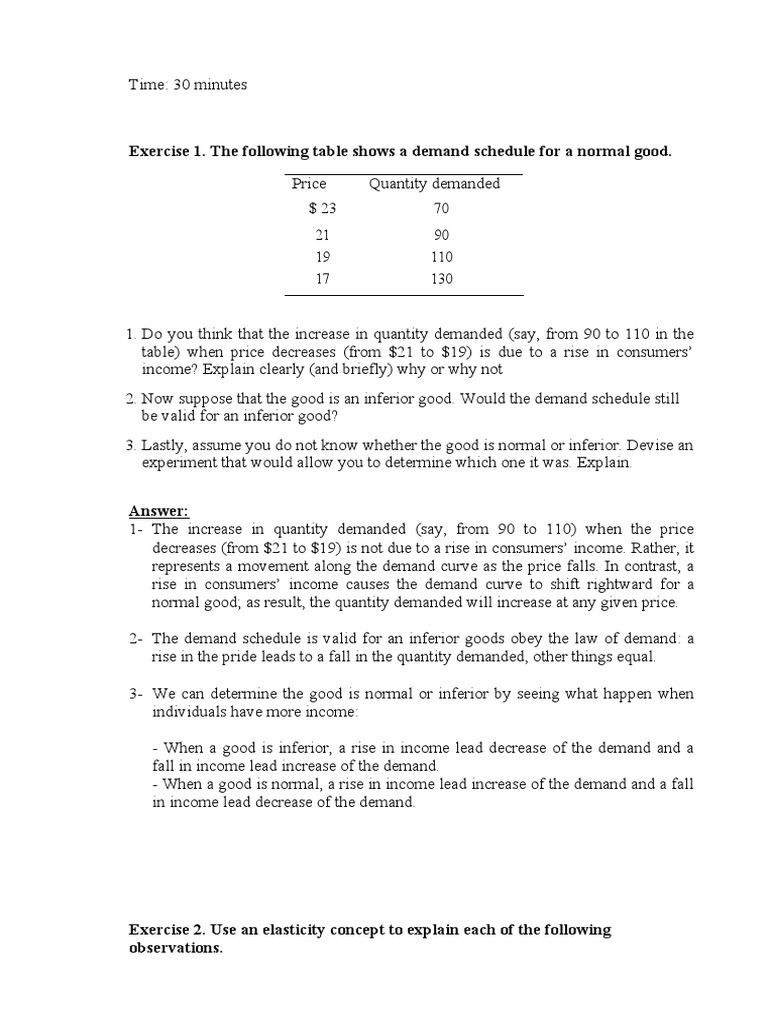 Exercise 1. The Following Table Shows A Demand Schedule For A Normal ...