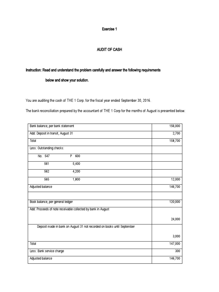 Main Exercise 1.audit of Cash | PDF | Debits And Credits | Deposit Account