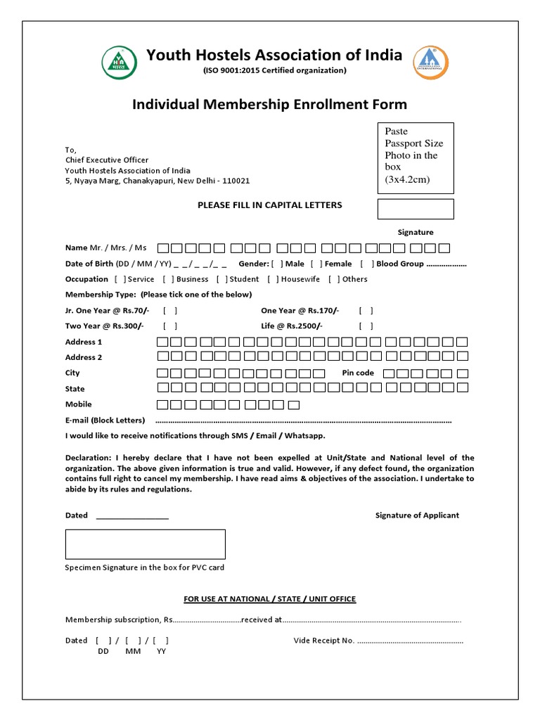 YHAI Membership Enrollment Form | PDF | Mail | Government