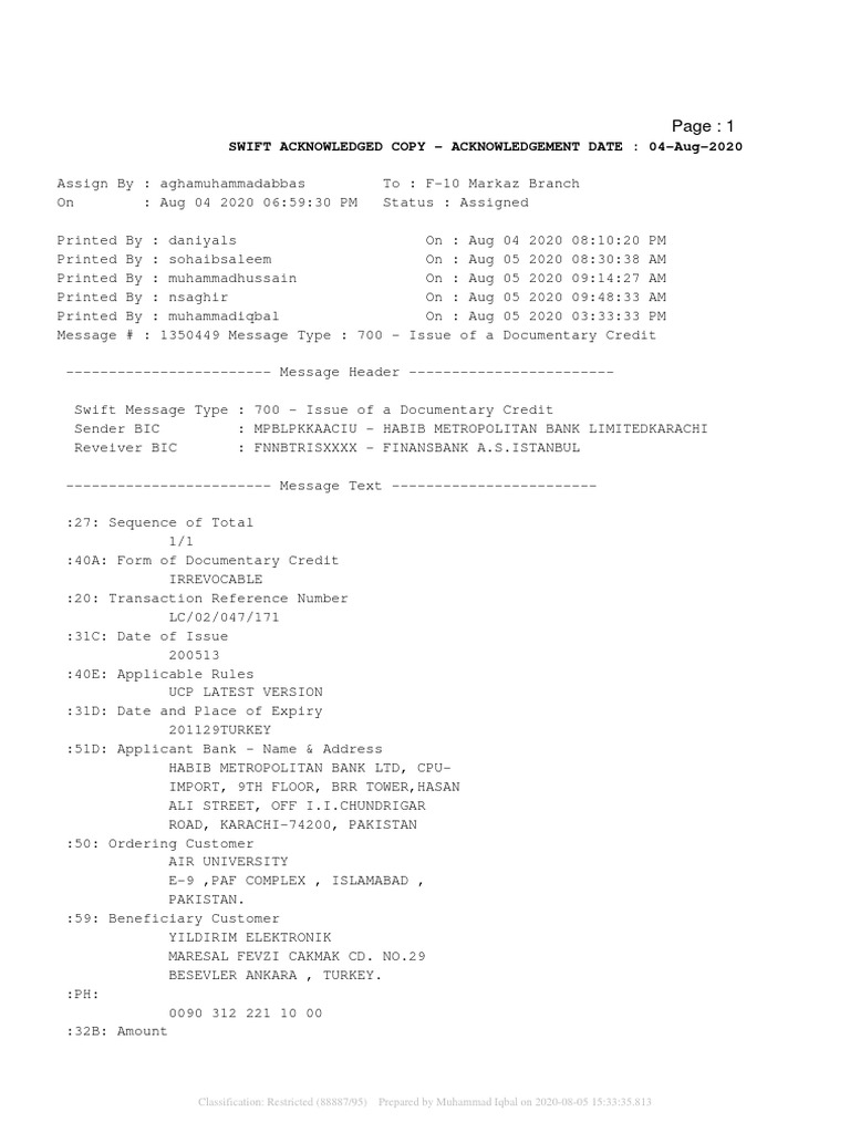 Swift Acknowledged Copy - Acknowledgement Date: 04-Aug-2020 | PDF ...