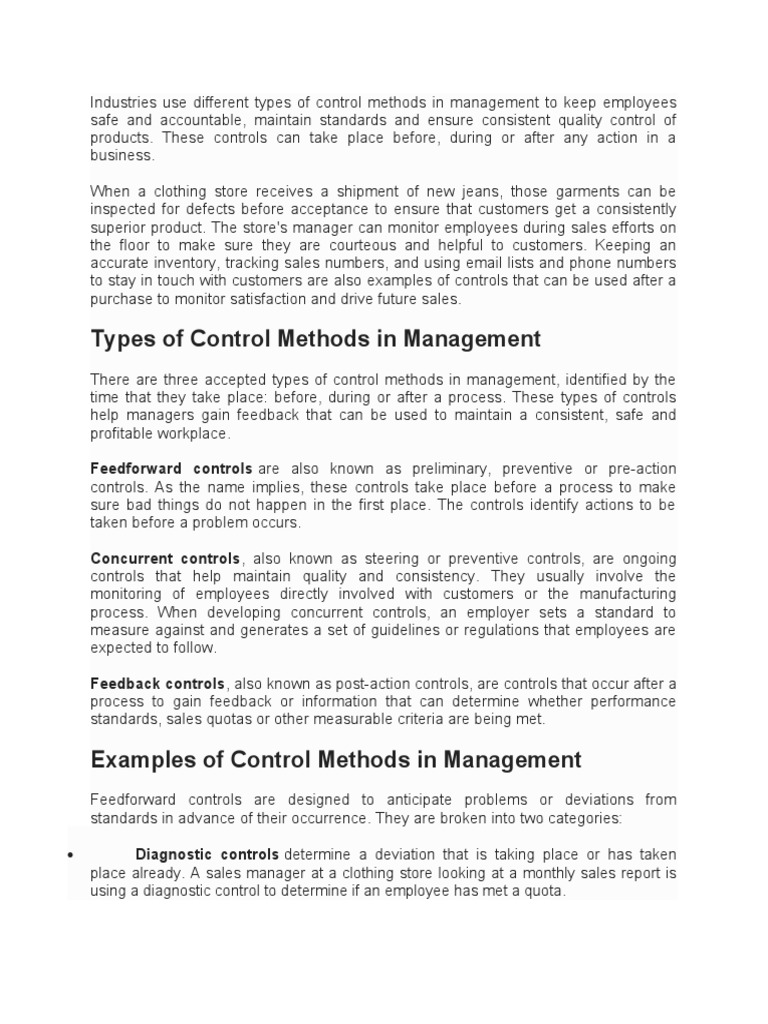 Types Of Control Methods In Management PDF Sales Employment