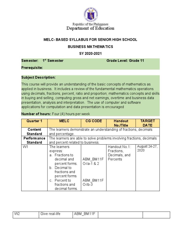 Senior High School Business Math Syllabus | PDF | Percentage | Fraction ...