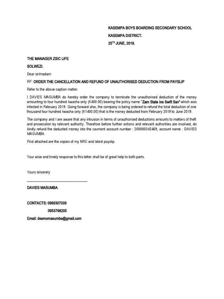 Kasempa School Refund Request Letter | PDF | Government | Justice