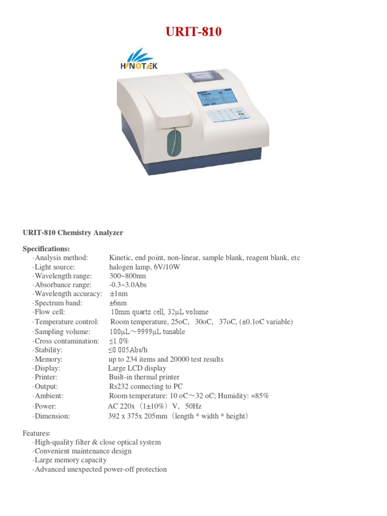 URIT-810: URIT-810 Chemistry Analyzer Specifications | PDF