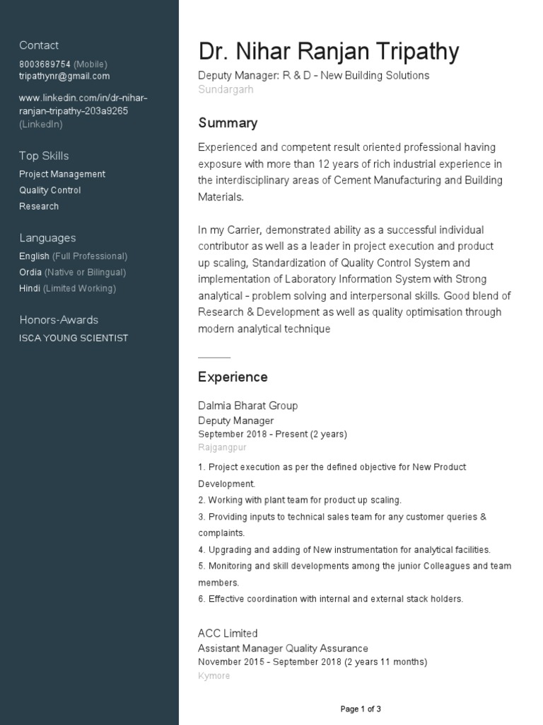 Dr. Nihar Ranjan Tripathy: Contact | PDF | Cement | Science