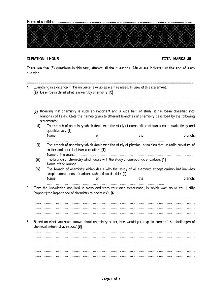 Grade 10 B Chemistry Test 1 Term 1 2019 | PDF | Matter | Chemistry