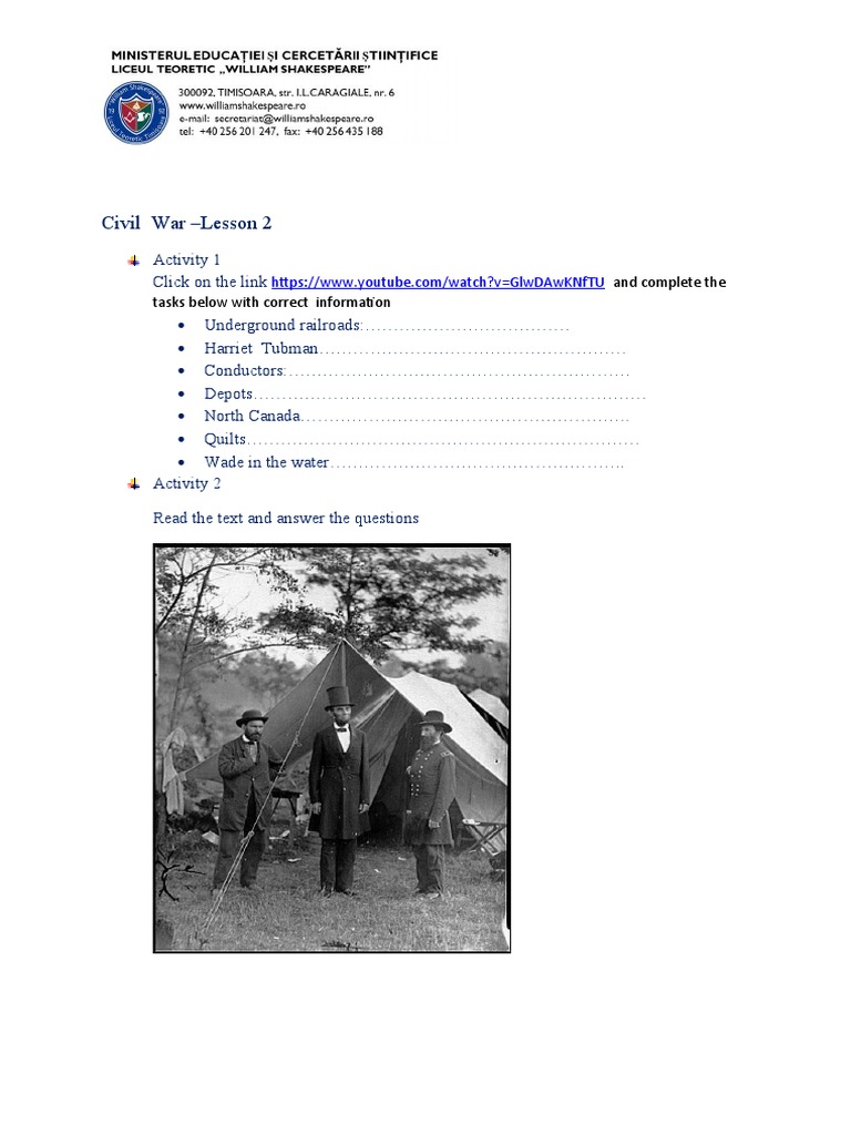 Civil War - Lesson 2: and Complete The Tasks Below With Correct ...