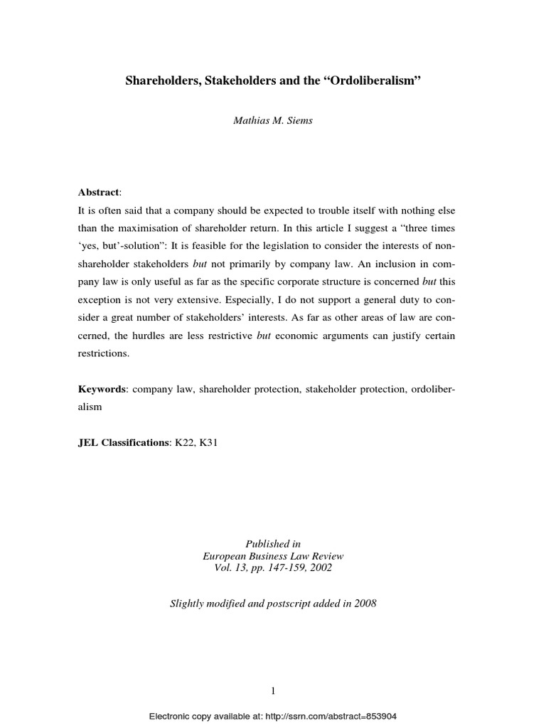 Shareholders, Stakeholders and The 'Ordoliberalism' | PDF | Stakeholder ...