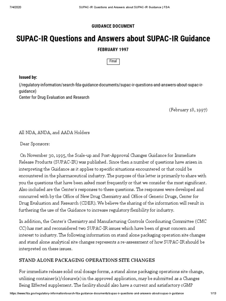 SUPAC-IR Questions and Answers About SUPAC-IR Guidance - FDA | PDF ...