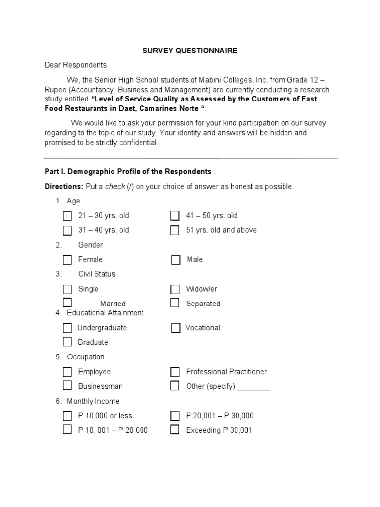 Survey Questionnaire | PDF | Fast Food Restaurants | Credibility