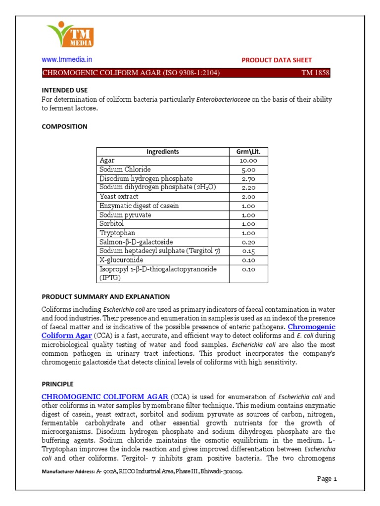 Chromogenic Coliform Agar Guide | PDF
