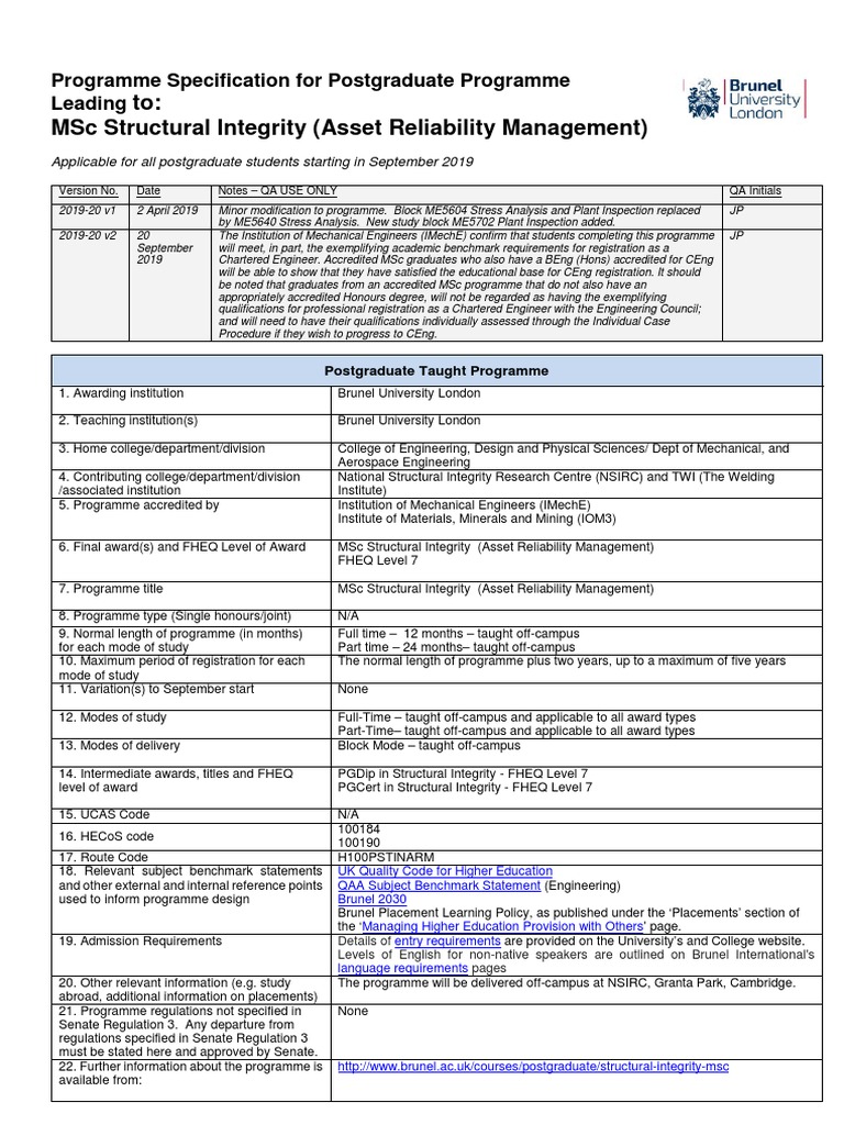 To: MSC Structural Integrity (Asset Reliability Management) : Programme Specification For ...