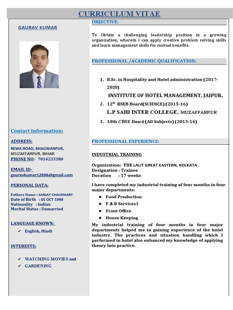 Curriculum Vitae: Gaurav Kumar | PDF | Leadership | Neuropsychological Assessment