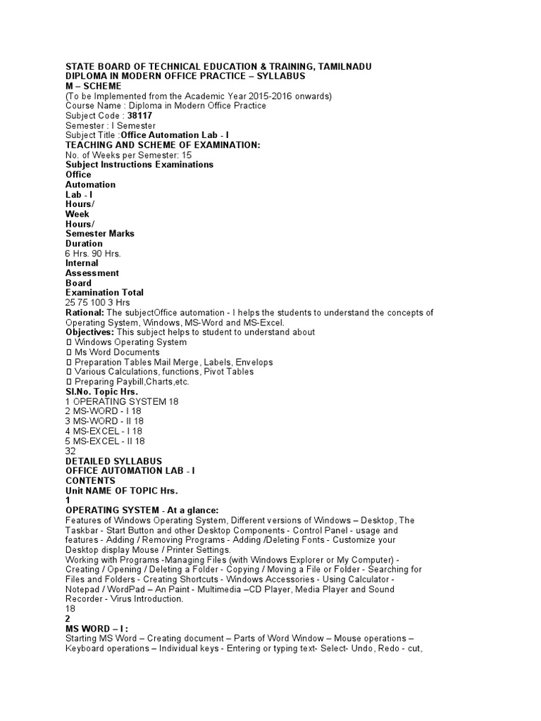 Office Automation Syllabus | PDF | Microsoft Word | Computer File