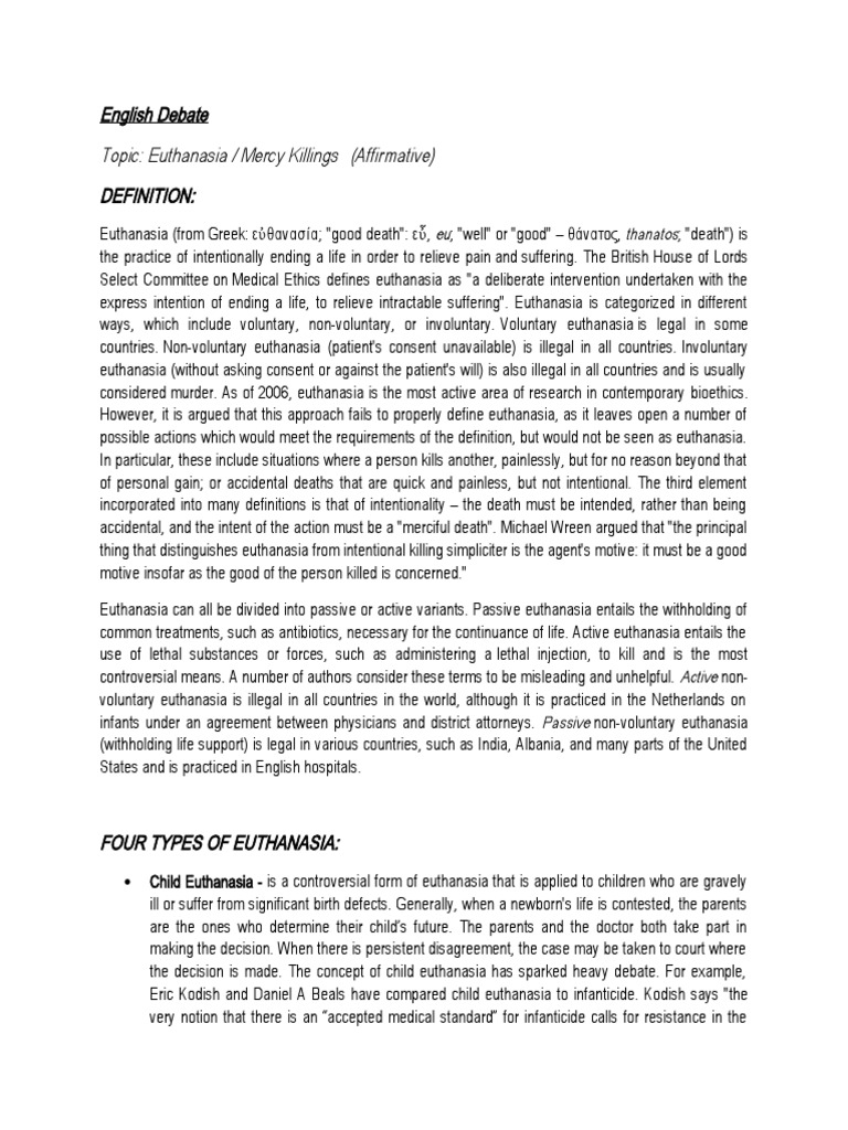 Euthanasia Debate: Definitions and Types | PDF | Abortion | Terminal ...