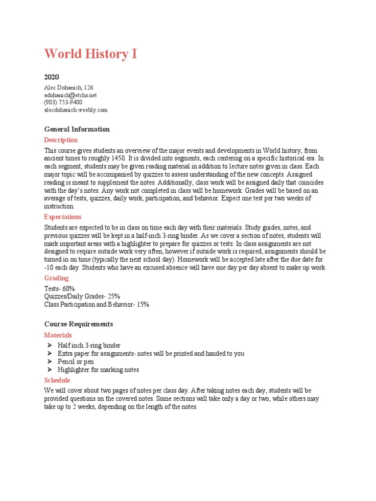 World History I Syllabus | PDF | Quiz | Pedagogy