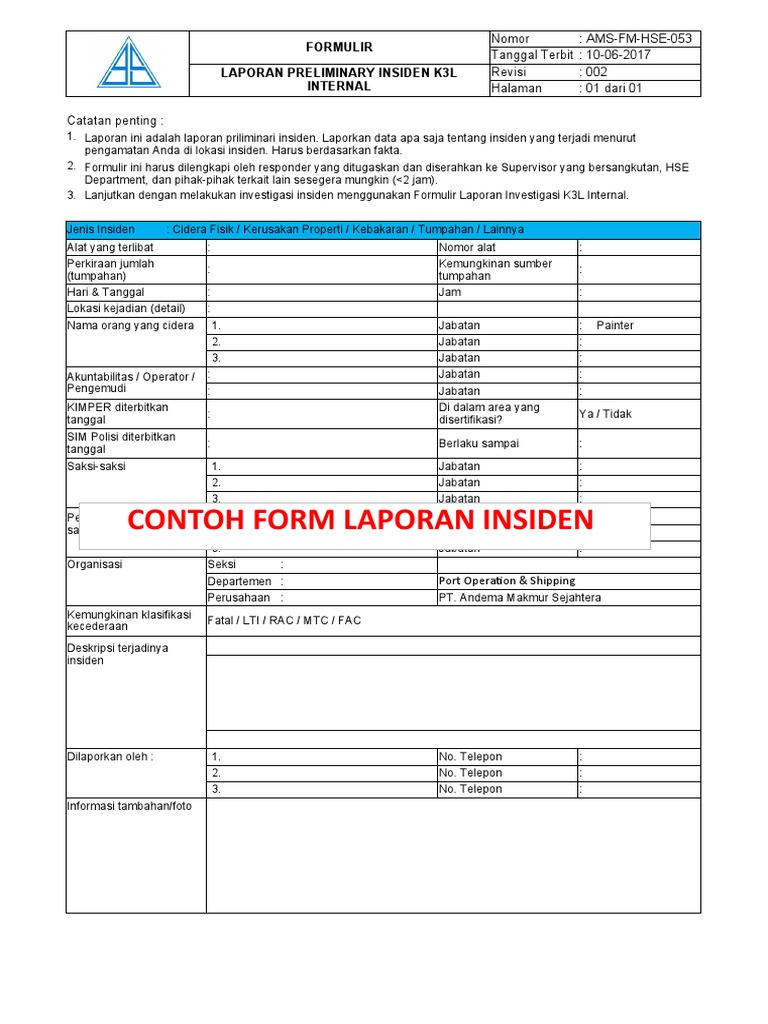 Contoh Formulir Laporan Insiden K3L | PDF