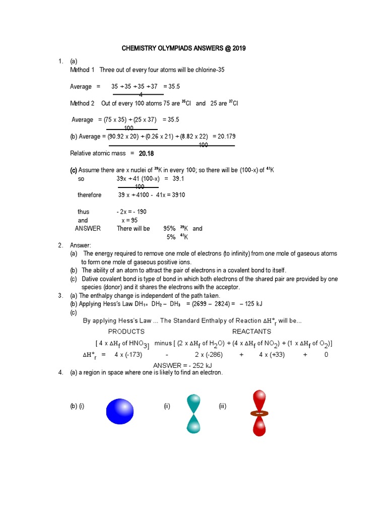 Chemistry Olympiads Answers | PDF | Chlorine | Chemical Bond