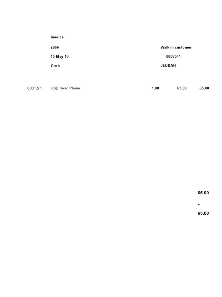 Receipt for USB Headphones purchased by walk-in customer in Jeddah on ...