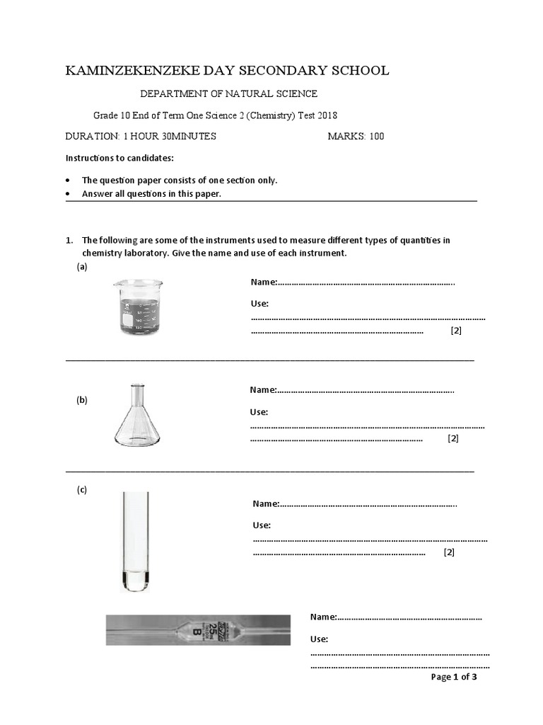 Grade 10 Chemistry Test Term One 2018 | PDF | Matter | Gases