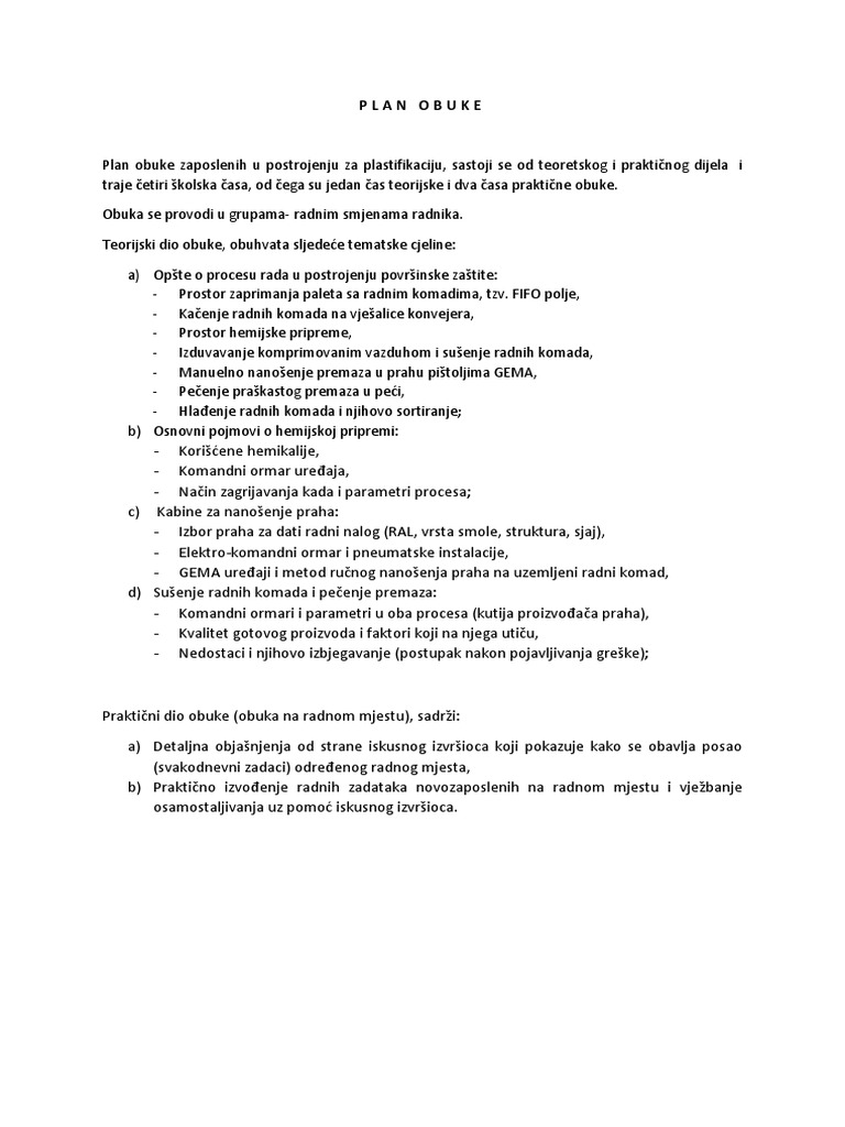 Plan Obuke Za Plastifikaciju | PDF