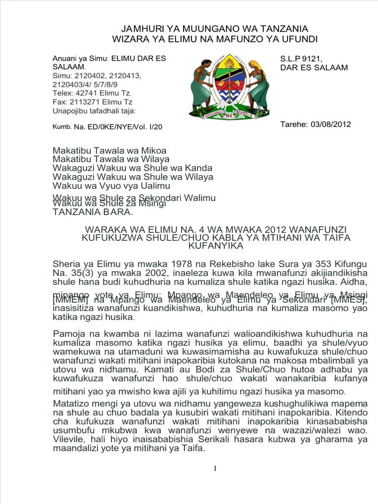 Marekebisho Kufukuzwa Wanafunzi Waraka Wa Elimu Na 4 Wa Mwaka 2012 | PDF Marekebisho Kufukuzwa Wanafunzi Waraka Wa Elimu Na 4 Wa Mwaka 2012 | PDF