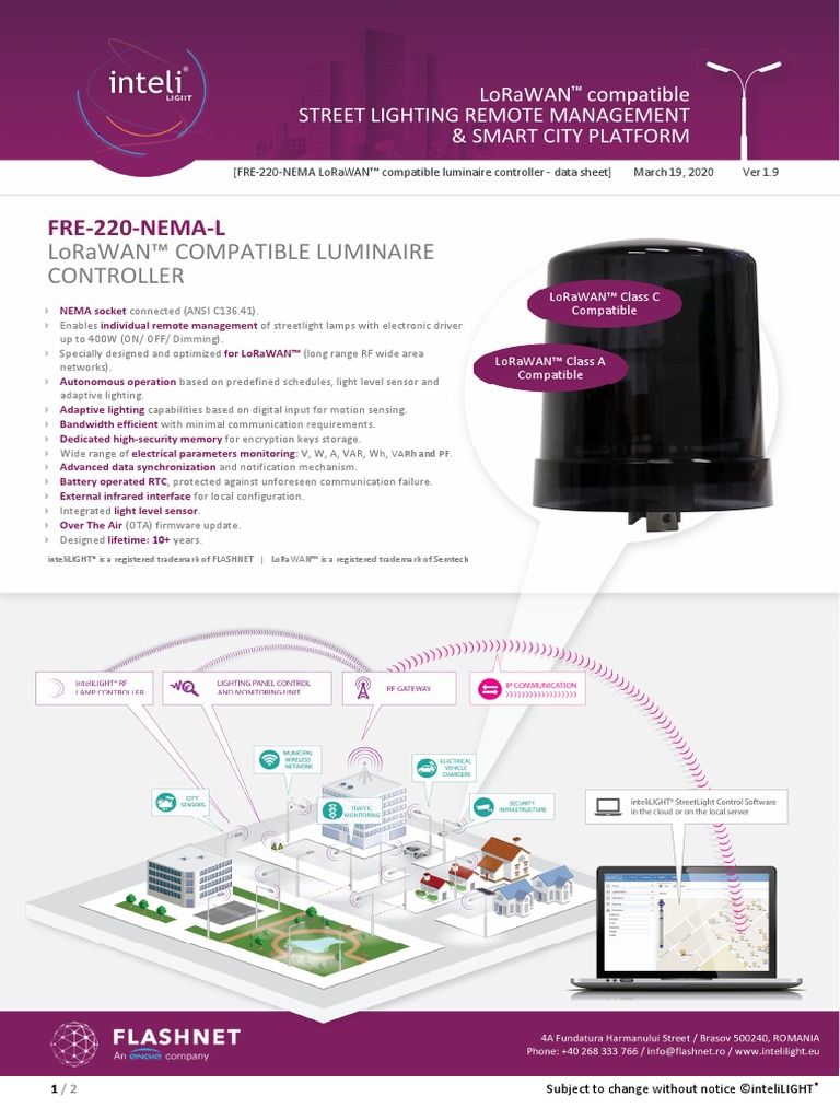 inteliLIGHT FRE 220 NEMA L LoRaWAN PDF | PDF | Manufactured Goods | Telecommunications