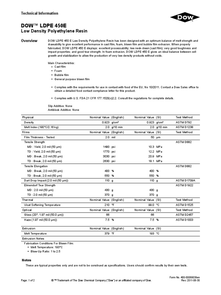 Dow™ Ldpe 450E: Low Density Polyethylene Resin | PDF | Heart | Medical Device