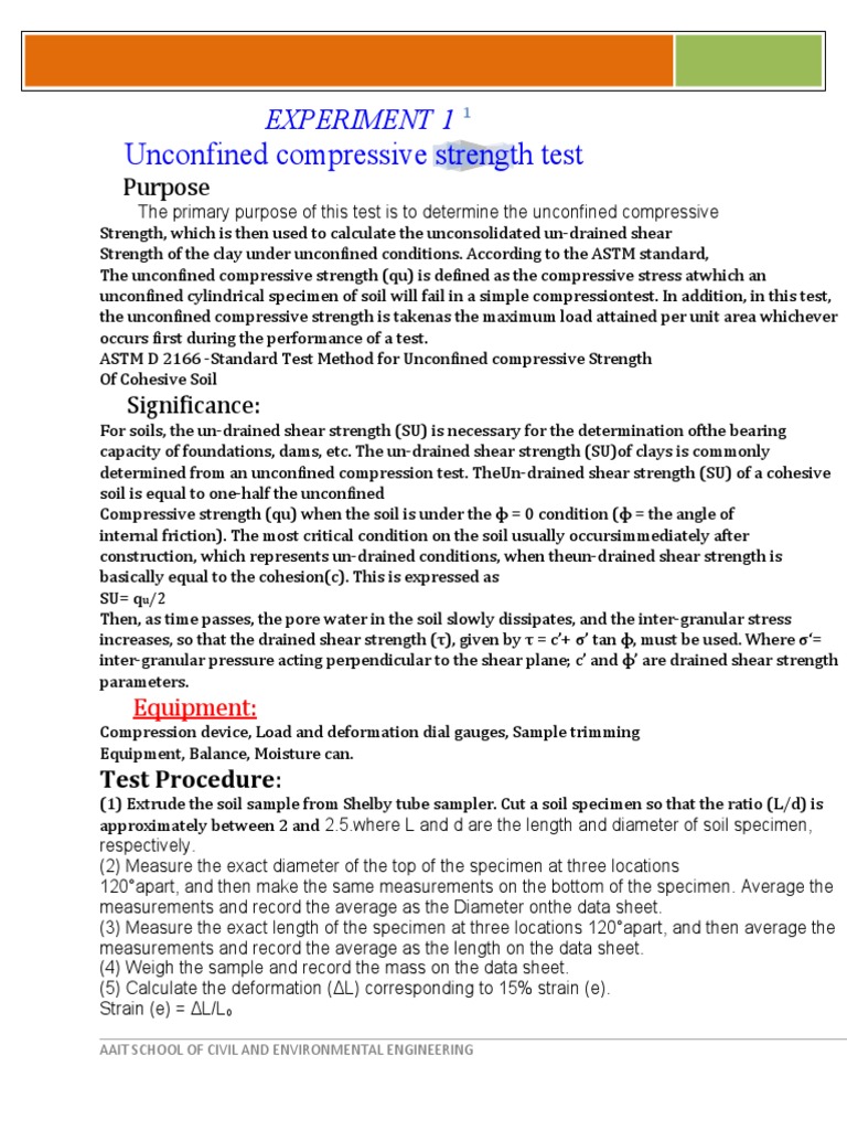 Unconfined Compressive Strength Test: Experiment 1 | PDF | Strength Of ...
